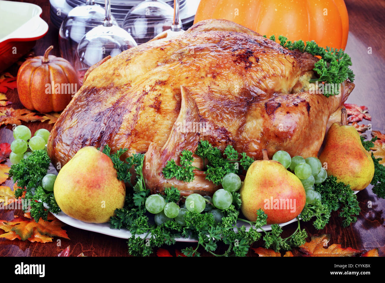 Thanksgiving turkey with fresh pears and grapes Stock Photo - Alamy