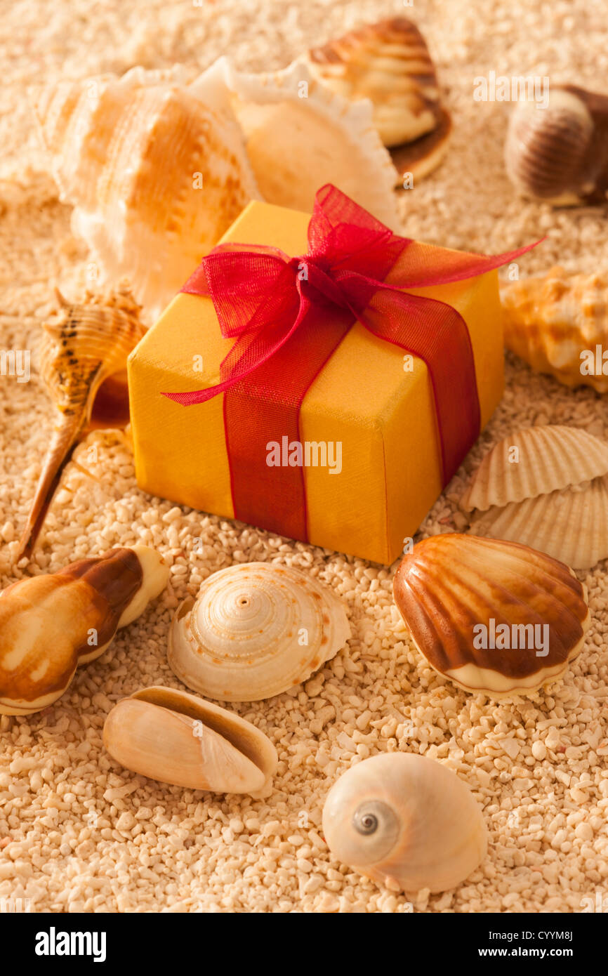 Shell and gift box in sand Stock Photo - Alamy