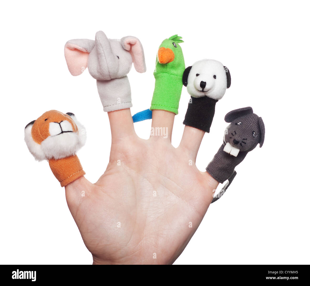 Five toys on five fingers isolated over white Stock Photo - Alamy