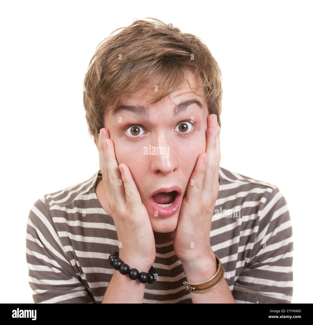 Surprised young Caucasian man with raised eyebrows and open mouth Stock ...