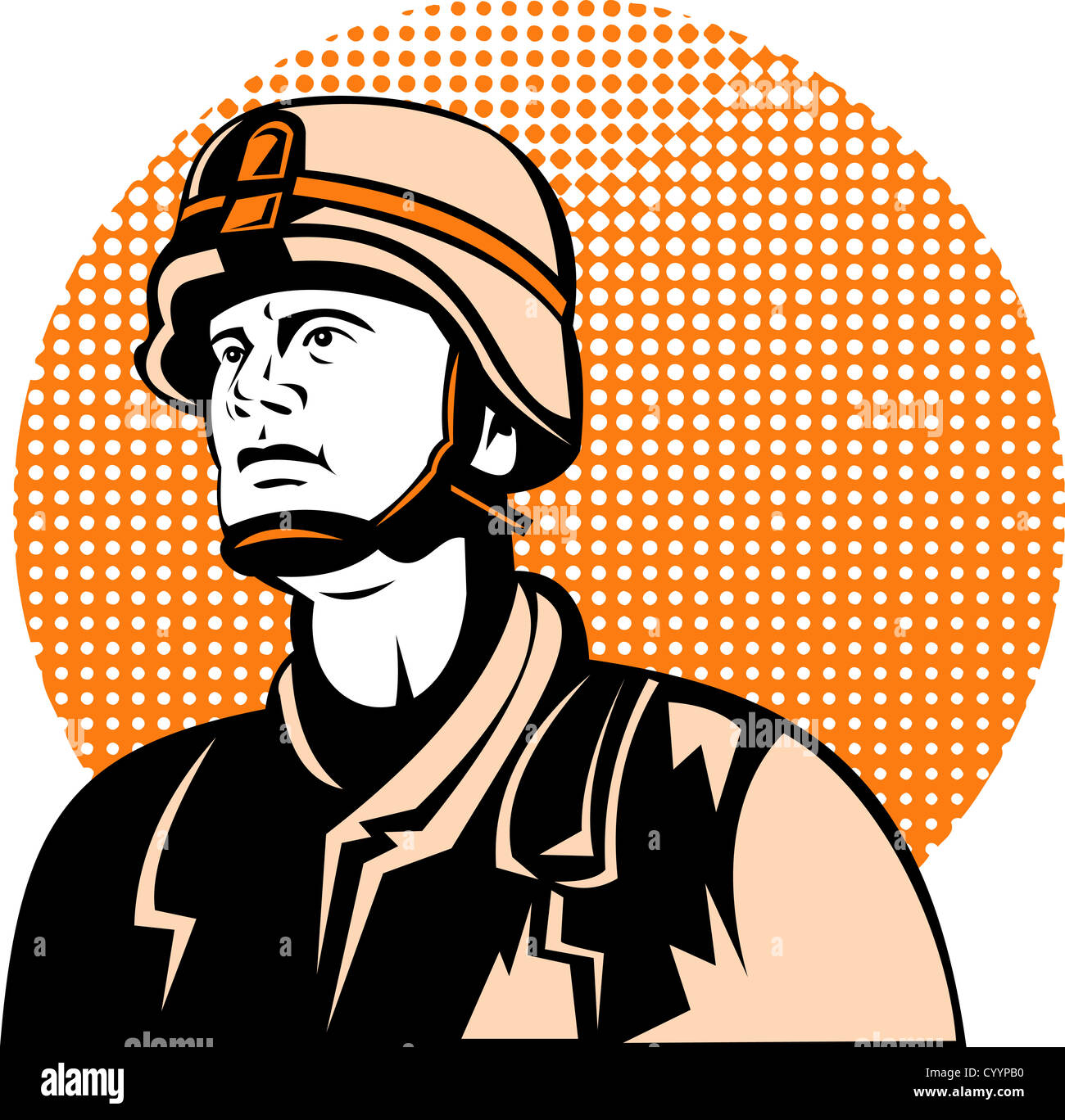 illustration of an American soldier looking up done in retro style ...