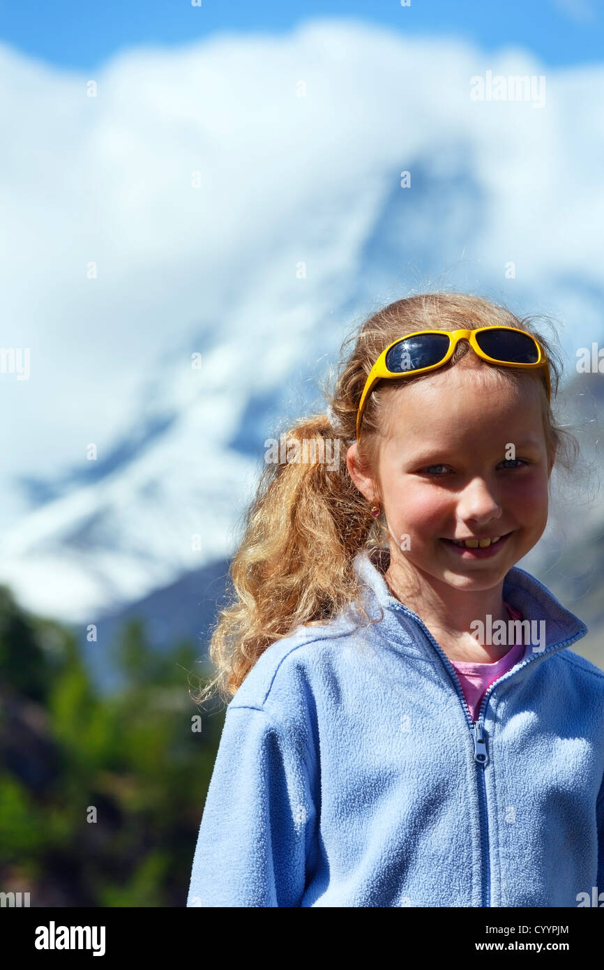 Girl portrait on summer Alps mountain plateau (Switzerland, Zermatt ...