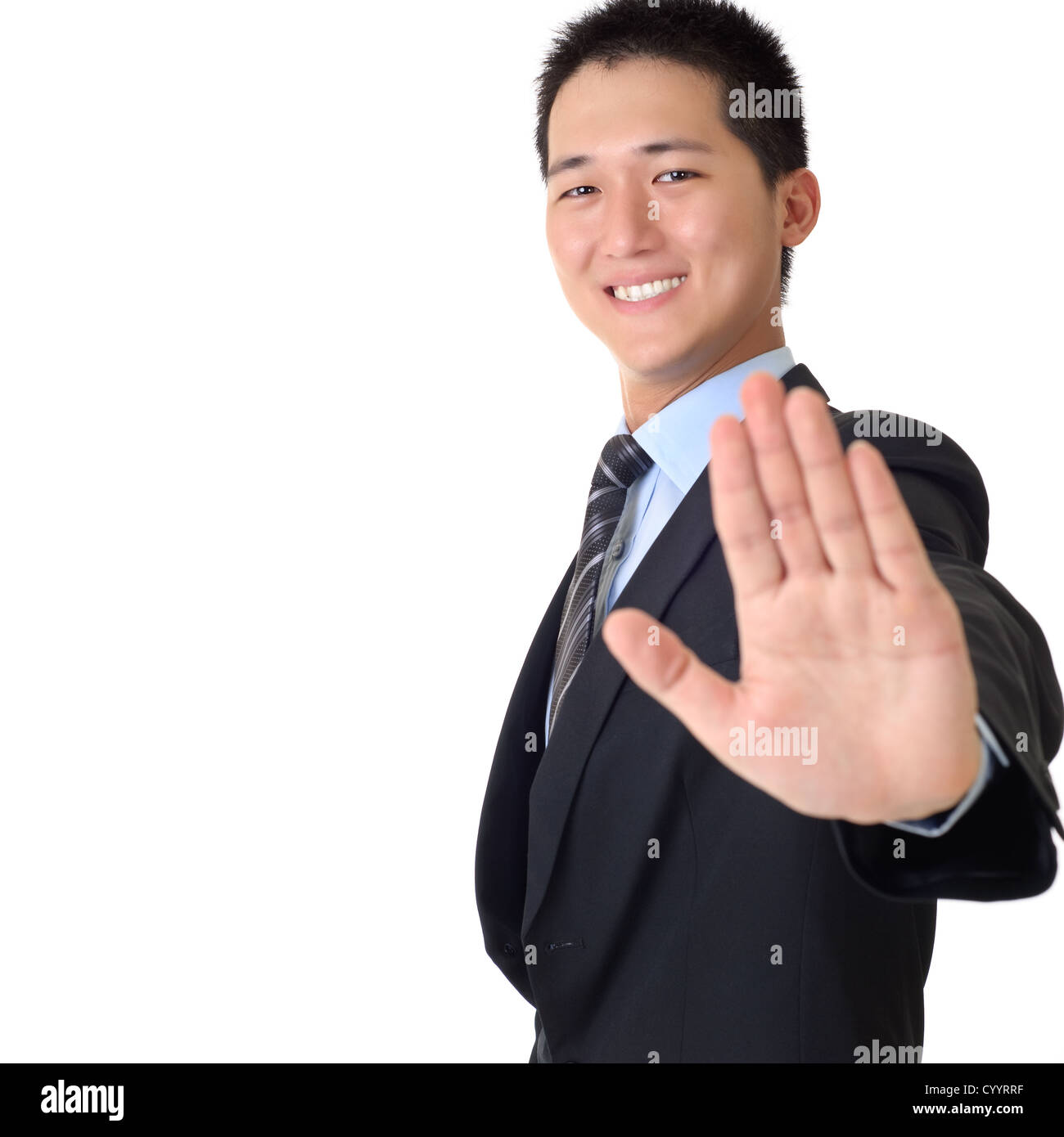 Happy Asian business man with reject gesture and smiling expression ...