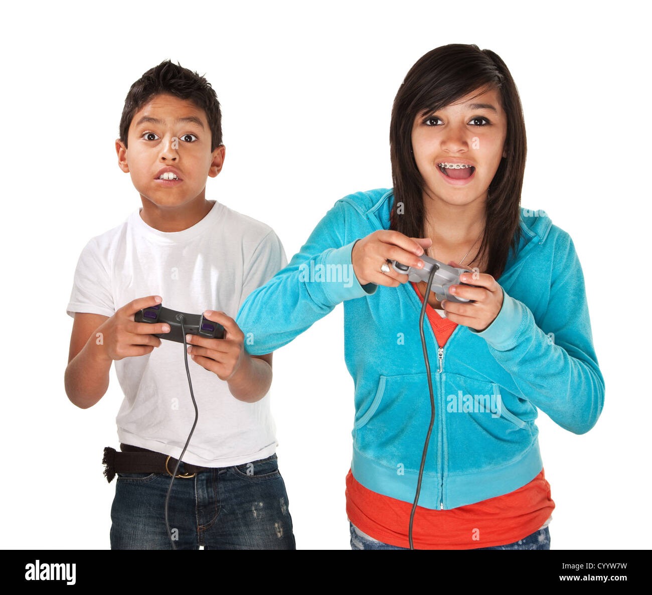 Latino siblings battle in video games on white background Stock Photo ...