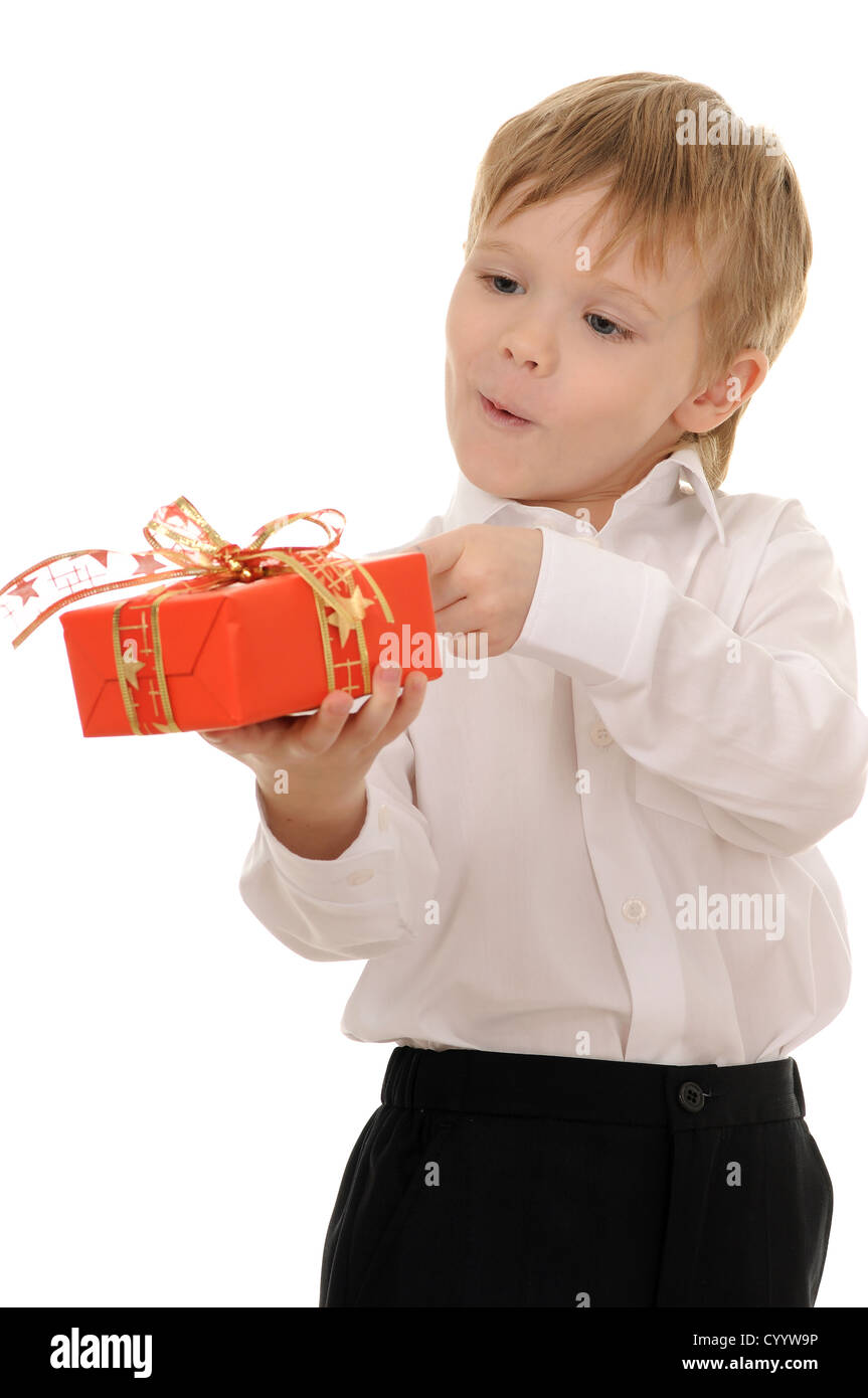 The child with gift isolated on white background Stock Photo - Alamy
