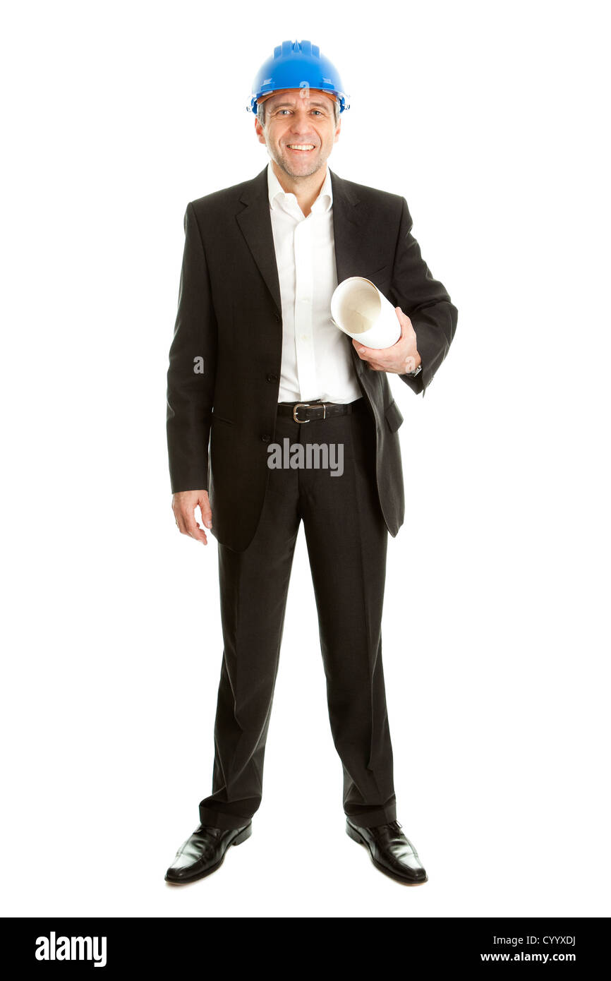 Full length portrait of successfull architect wearing blue hard hat and ...