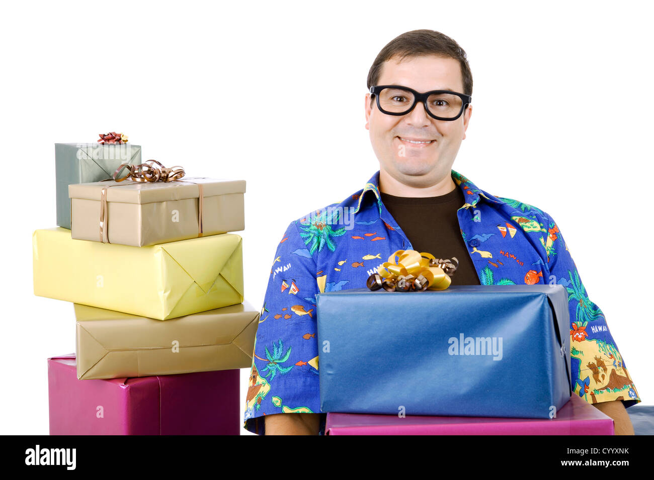 happy silly salesman with some boxes, isolated on white Stock Photo - Alamy