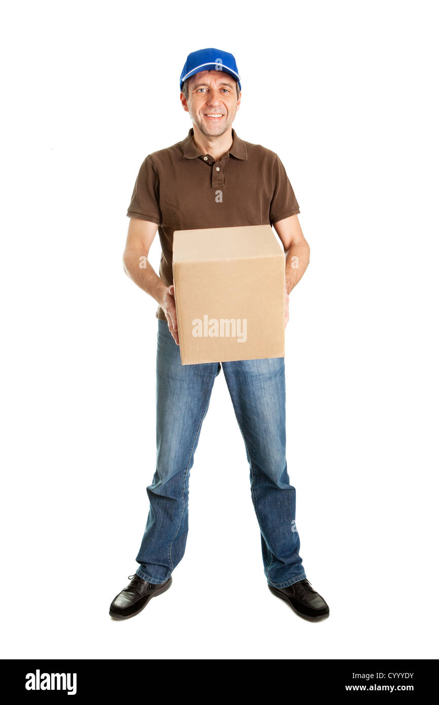 Delivery man holding package box. Isolated on white Stock Photo - Alamy