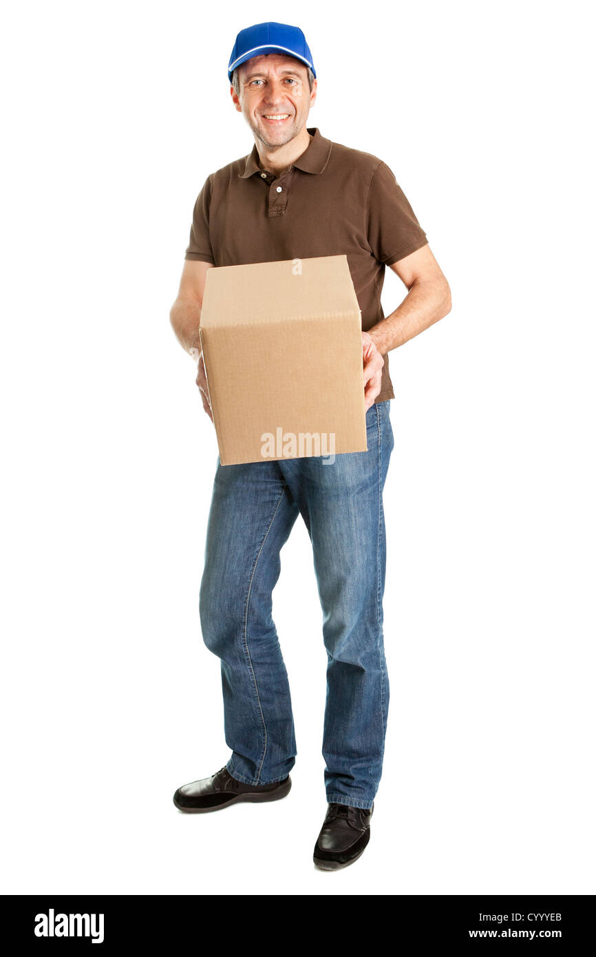 Delivery man holding package box Stock Photo - Alamy