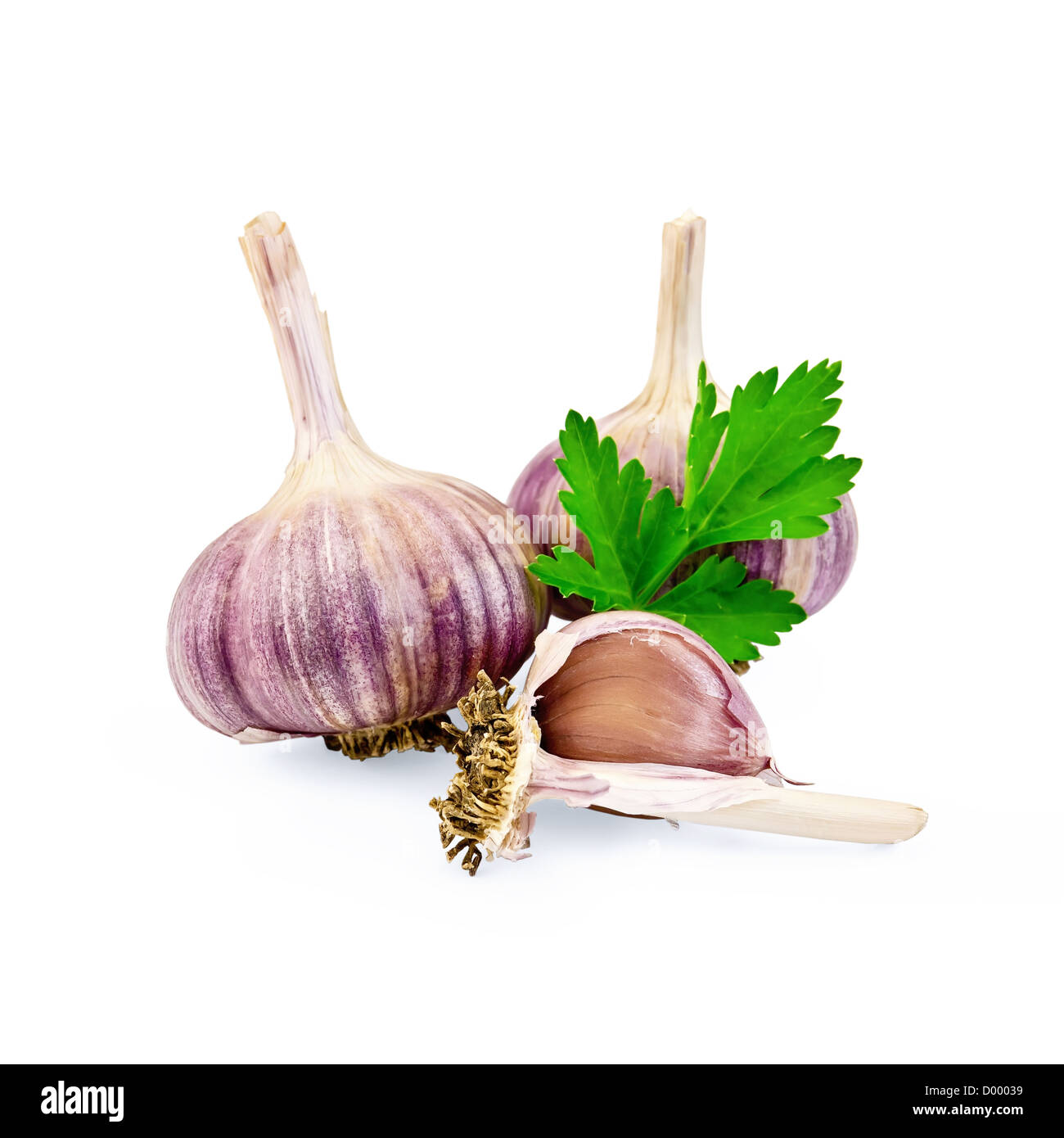 Two whole bulbs of garlic, one clove of garlic and parsley leaf ...