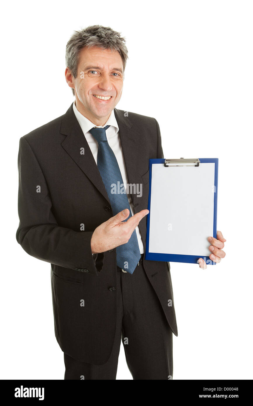 Confident businessmen presenting empty document Stock Photo - Alamy