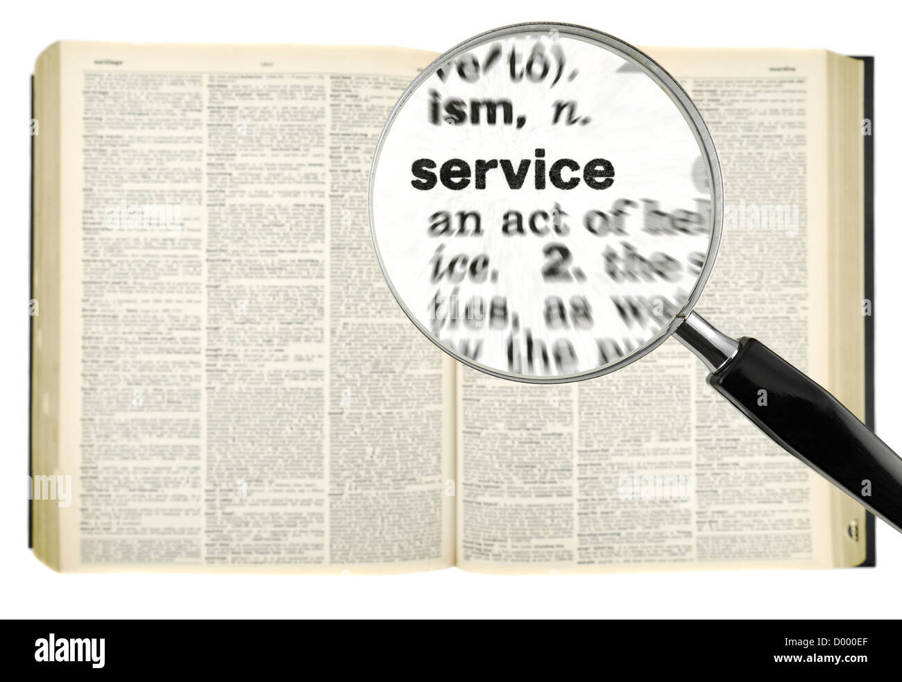 A magnifying glass on the word SERVICE on a dictionary. Isolated on ...