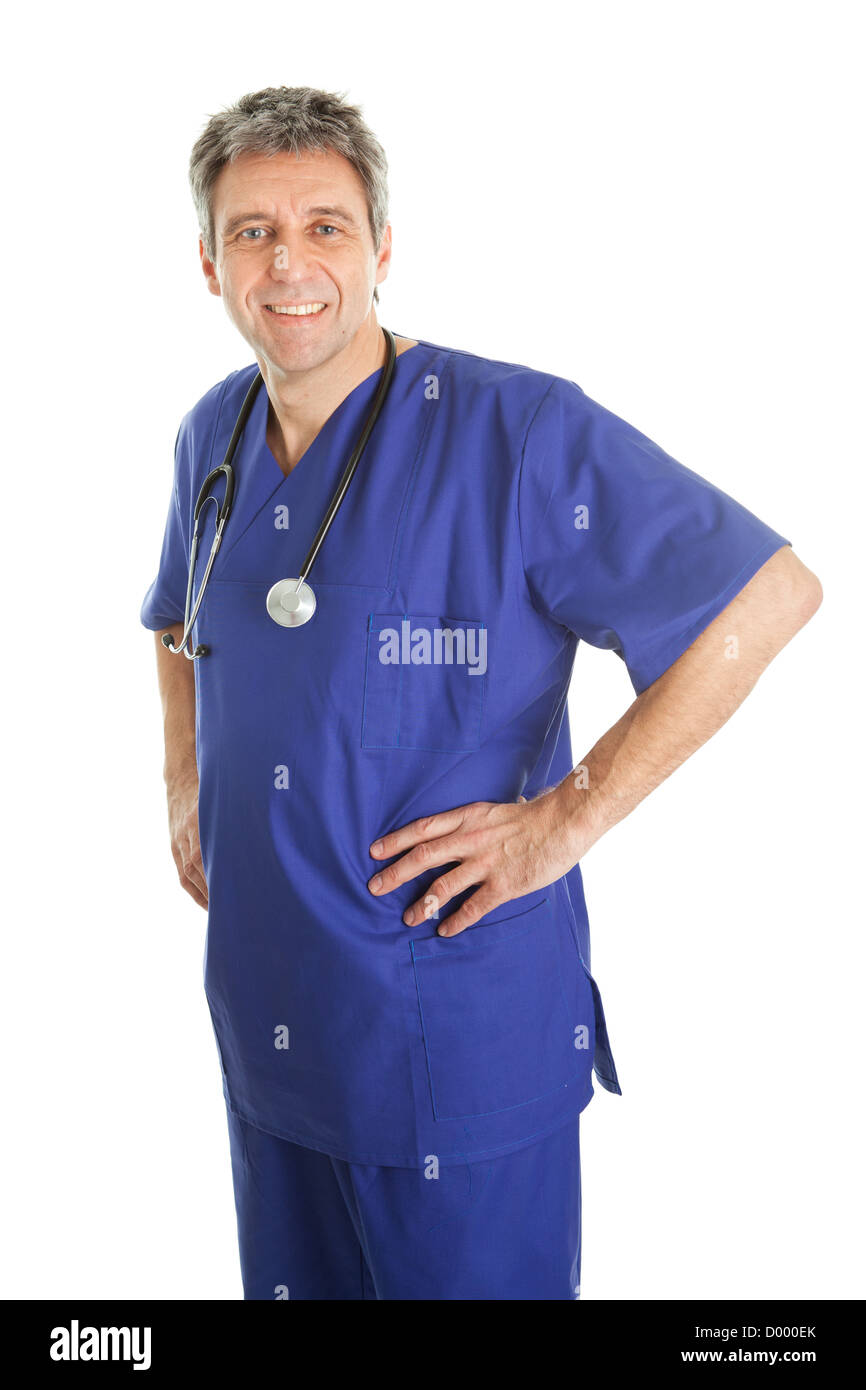 Self-assured doctor with stethoscope. Isolated on white Stock Photo - Alamy