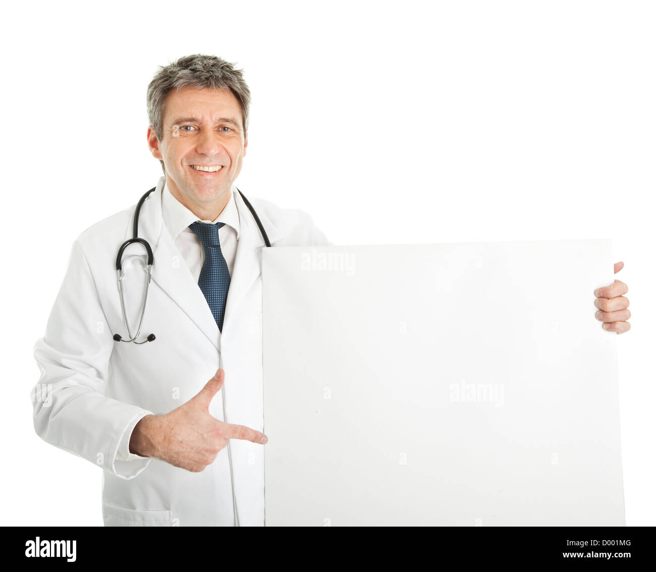 Smiling senior medical doctor presenting empty board. Isolated on white ...