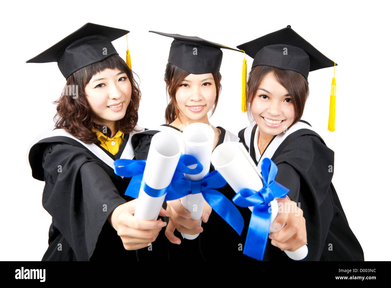 three graduation asian girls holding their diploma Stock Photo - Alamy