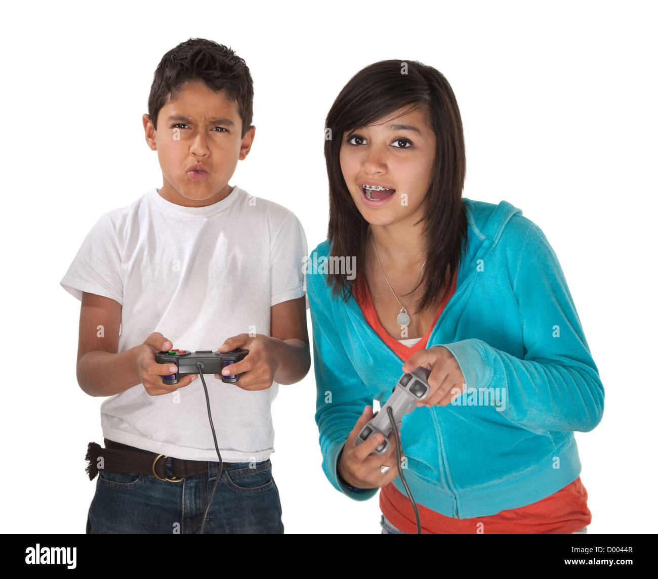 Latino siblings battle in video games on white background Stock Photo ...