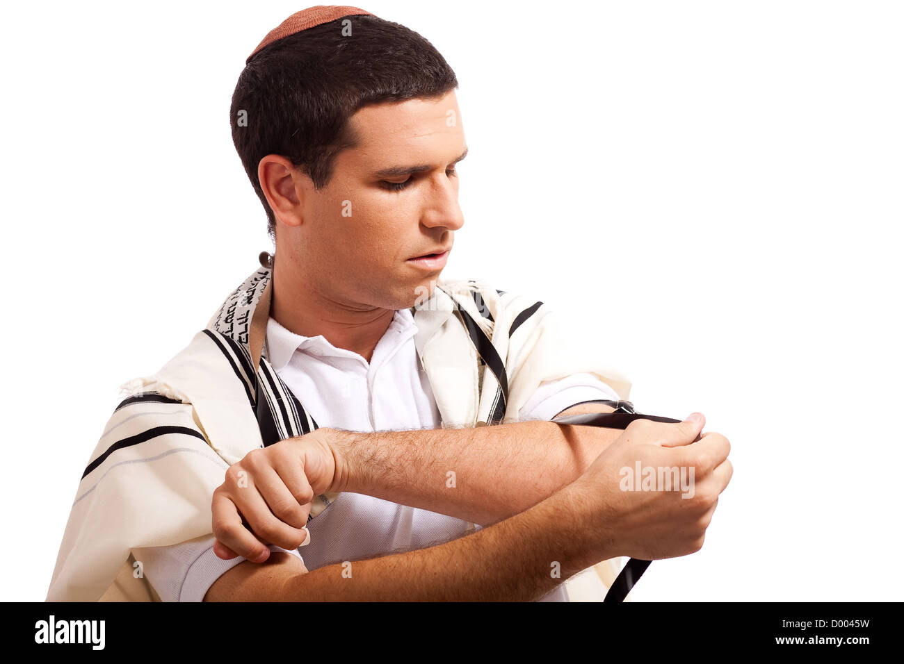 jewish men put phylactery and smile on isolated background Stock Photo ...