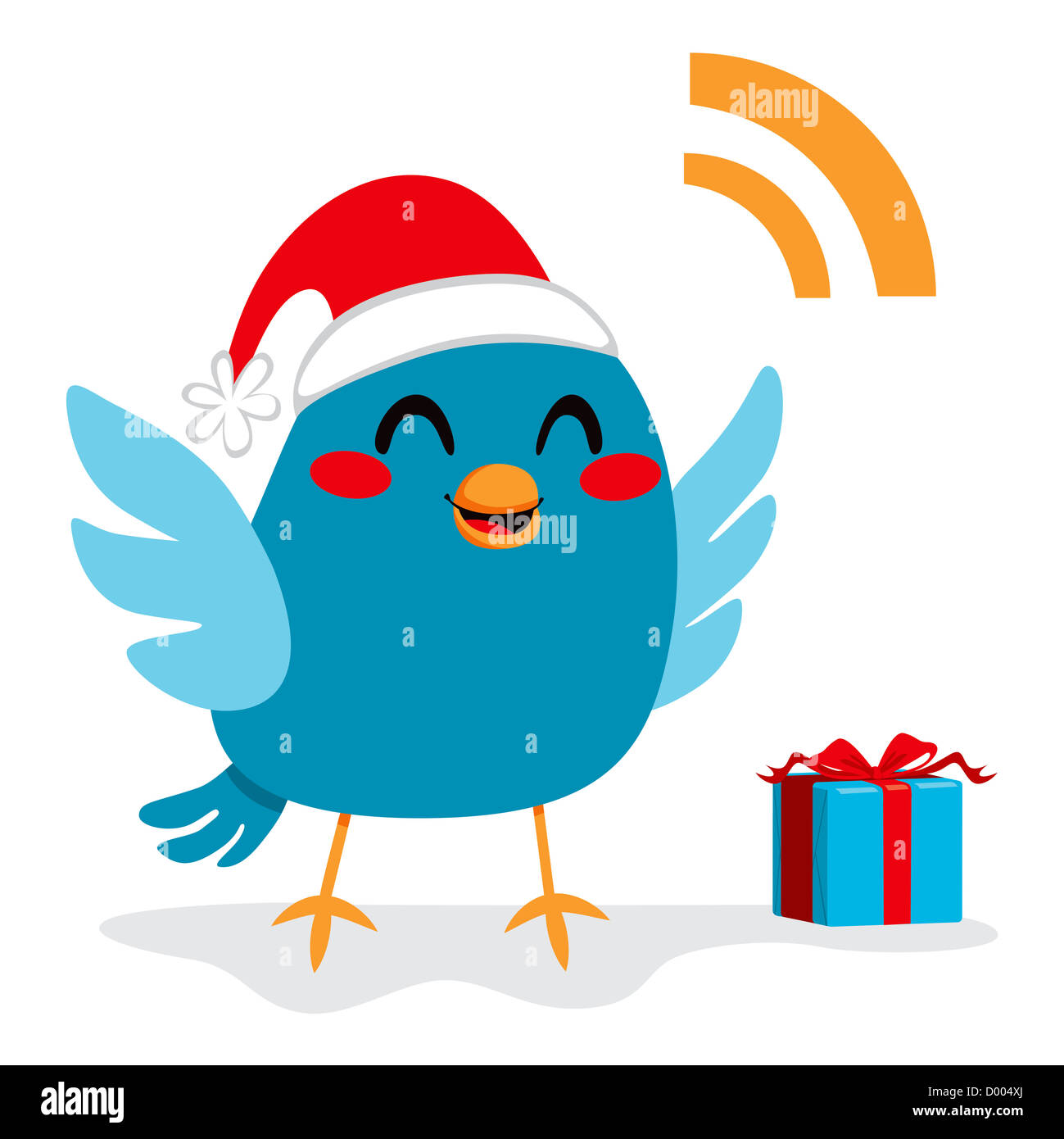 Little blue bird happy with Santa Claus hat and present box celebrating ...