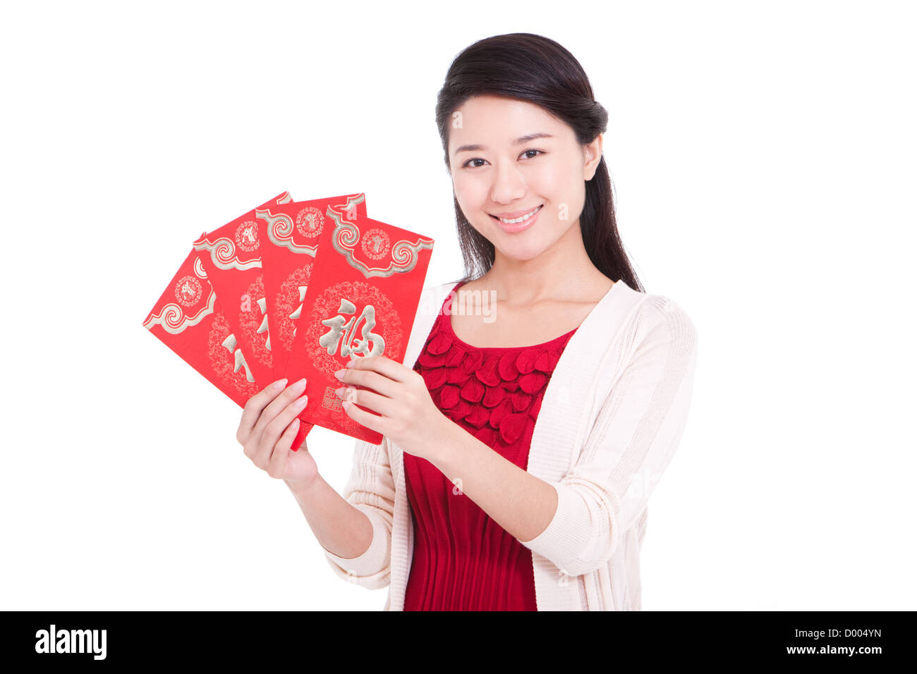 Happy young woman with red pockets in hands Stock Photo - Alamy