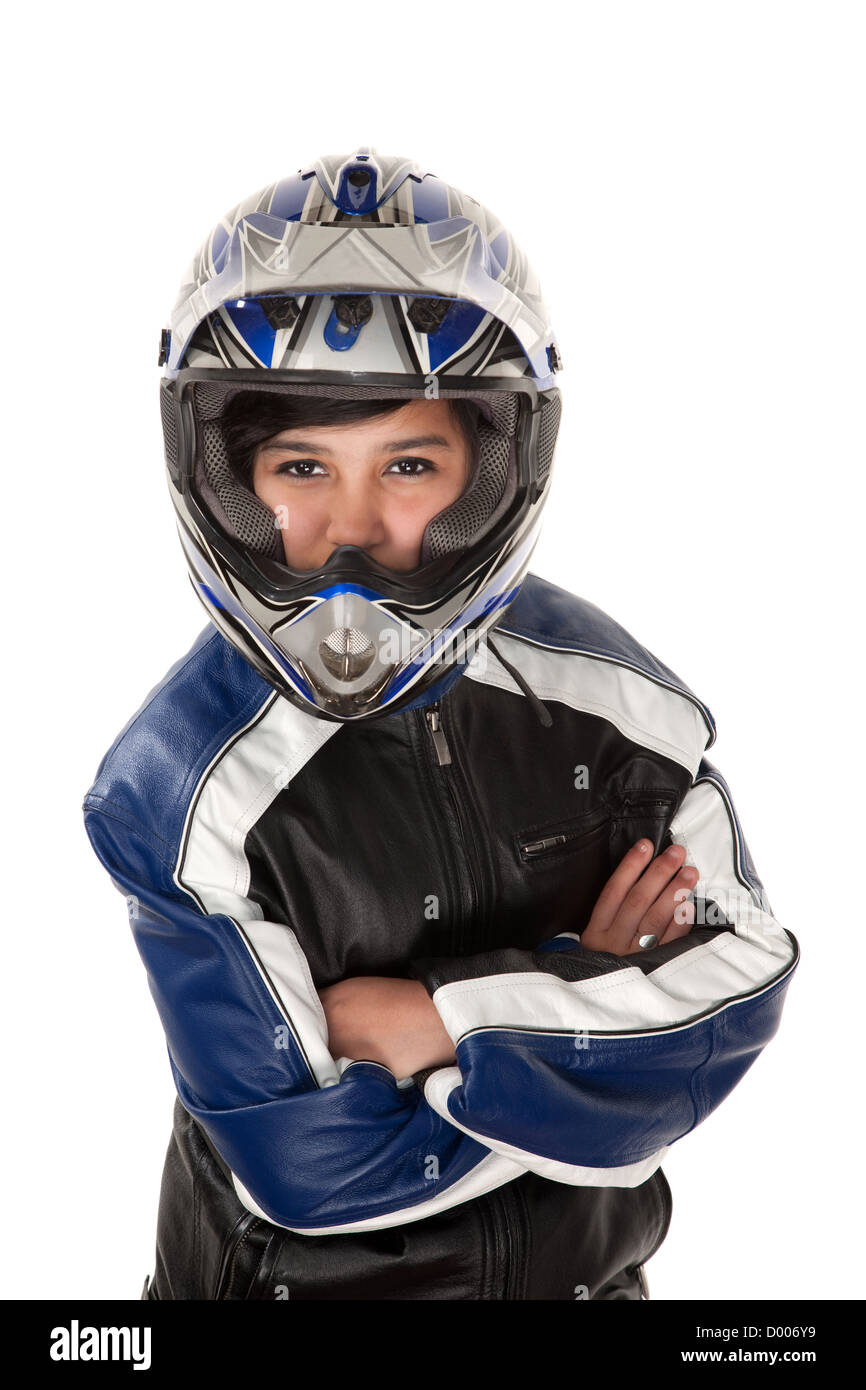 Latino youngster in motorcycle riding outfit and helmet Stock Photo - Alamy