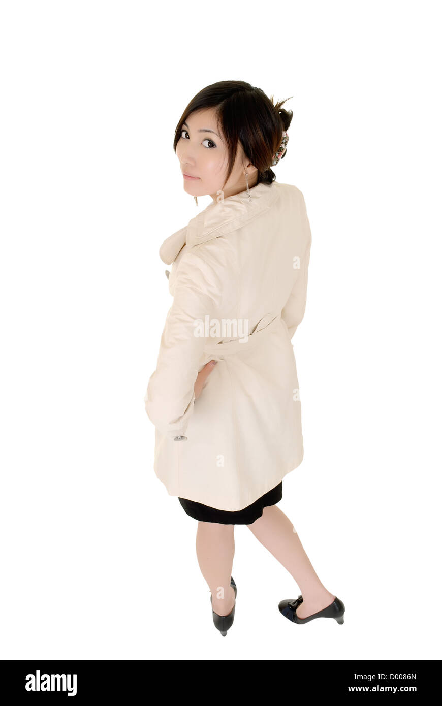 Asian business woman back in rear view, full length portrait isolated ...