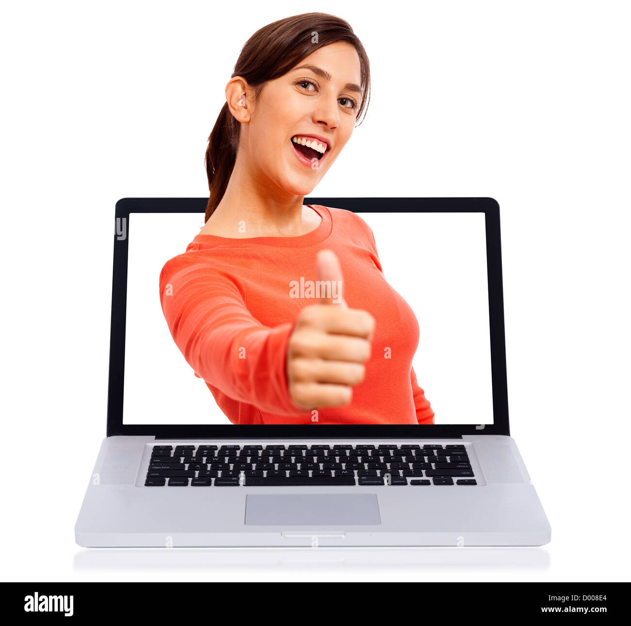 Young girl showing thumbs up getsure through laptop screen isolated on ...