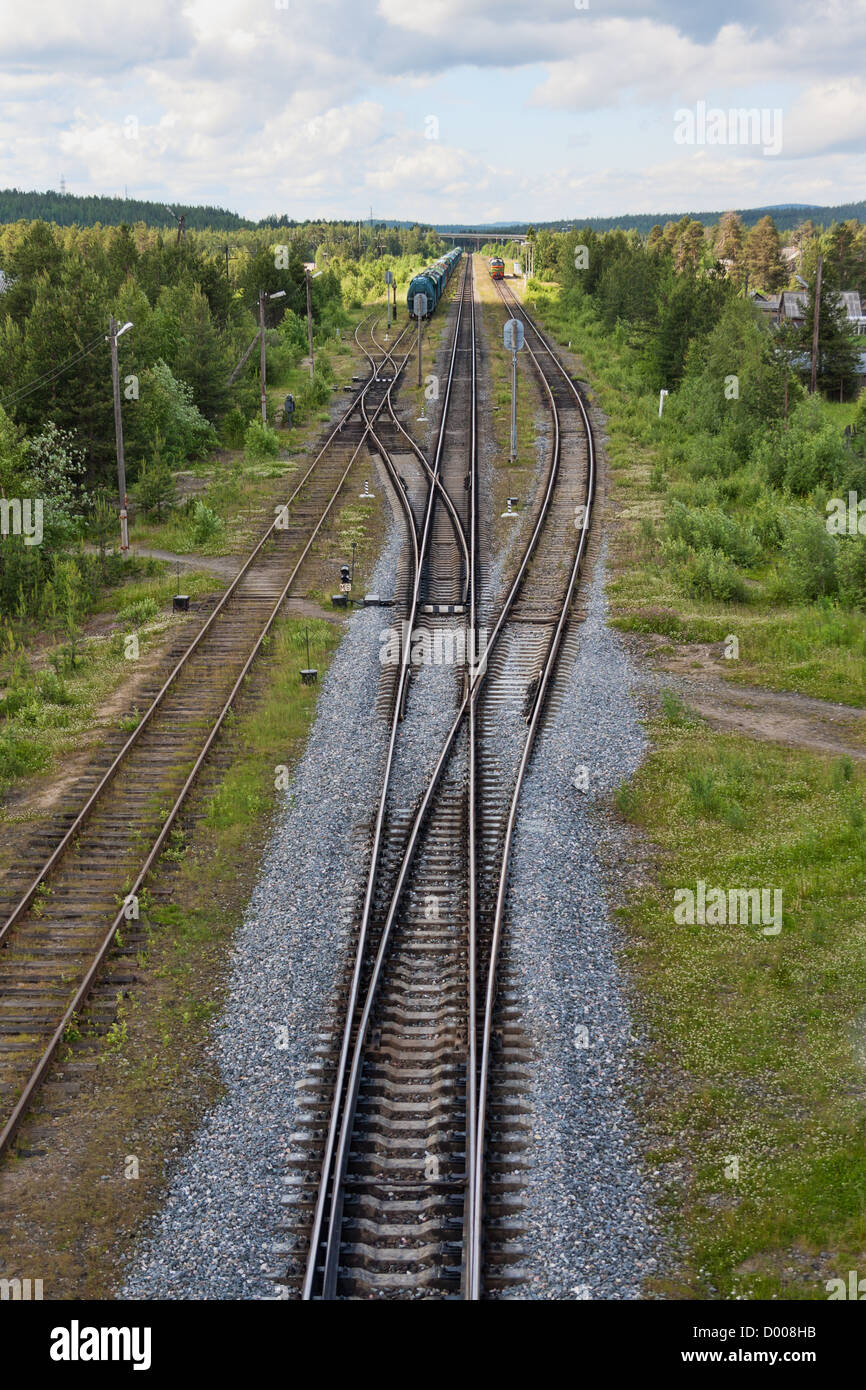 Railroad tracks, isolation and trains on the road against the backdrop ...