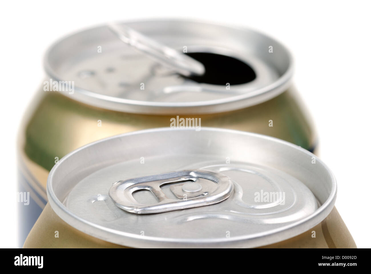 Beer can on white background, from the top view. Shallow depth of field ...