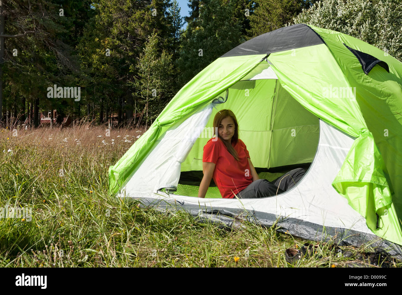 Young beautiful girl in a tent in a forest Stock Photo - Alamy