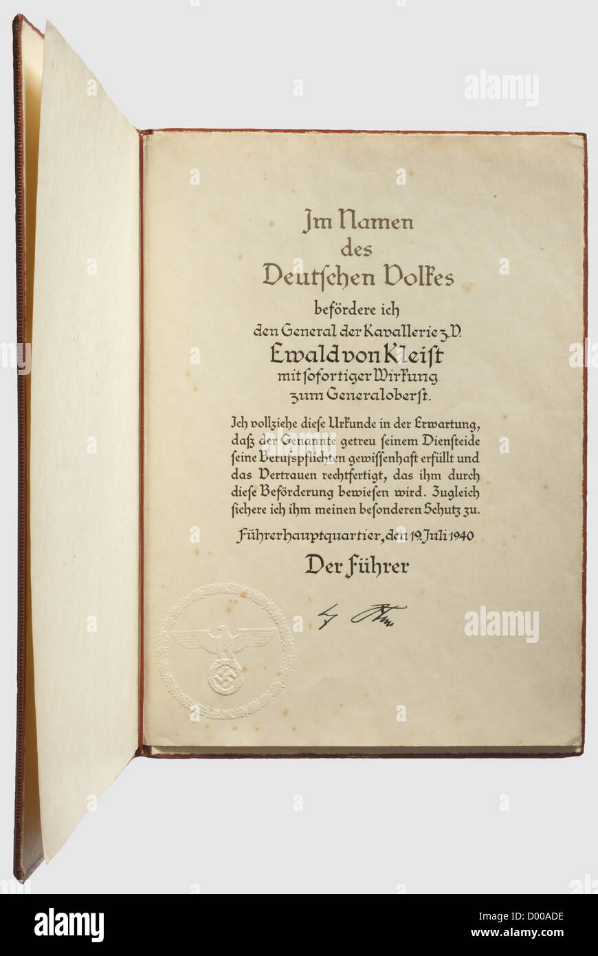 Generalfeldmarschall Ewald von Kleist - Appointment to Generaloberst ...