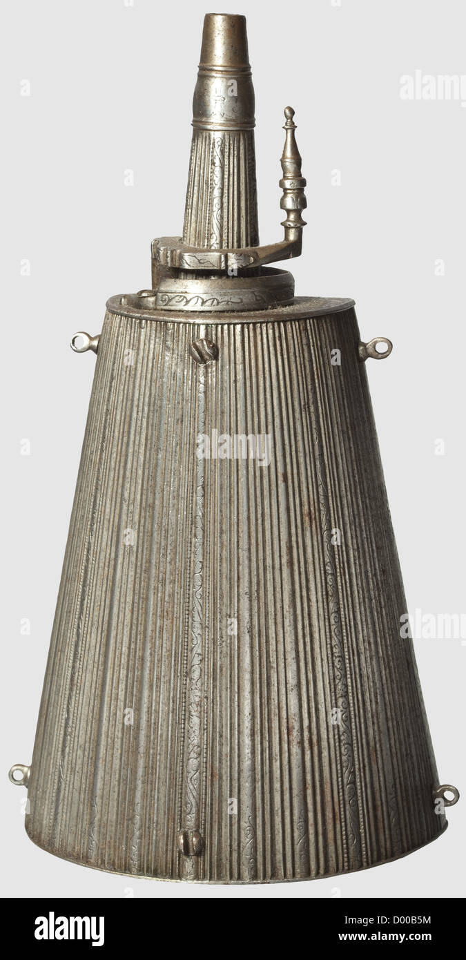 An Italian iron powder flask,probably Brescia,circa 1600. Semi-circular ...