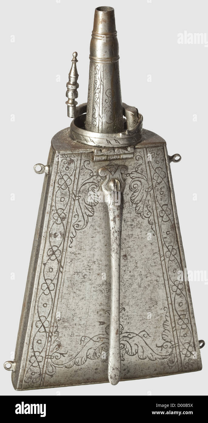 An Italian iron powder flask,probably Brescia,circa 1600. Semi-circular ...