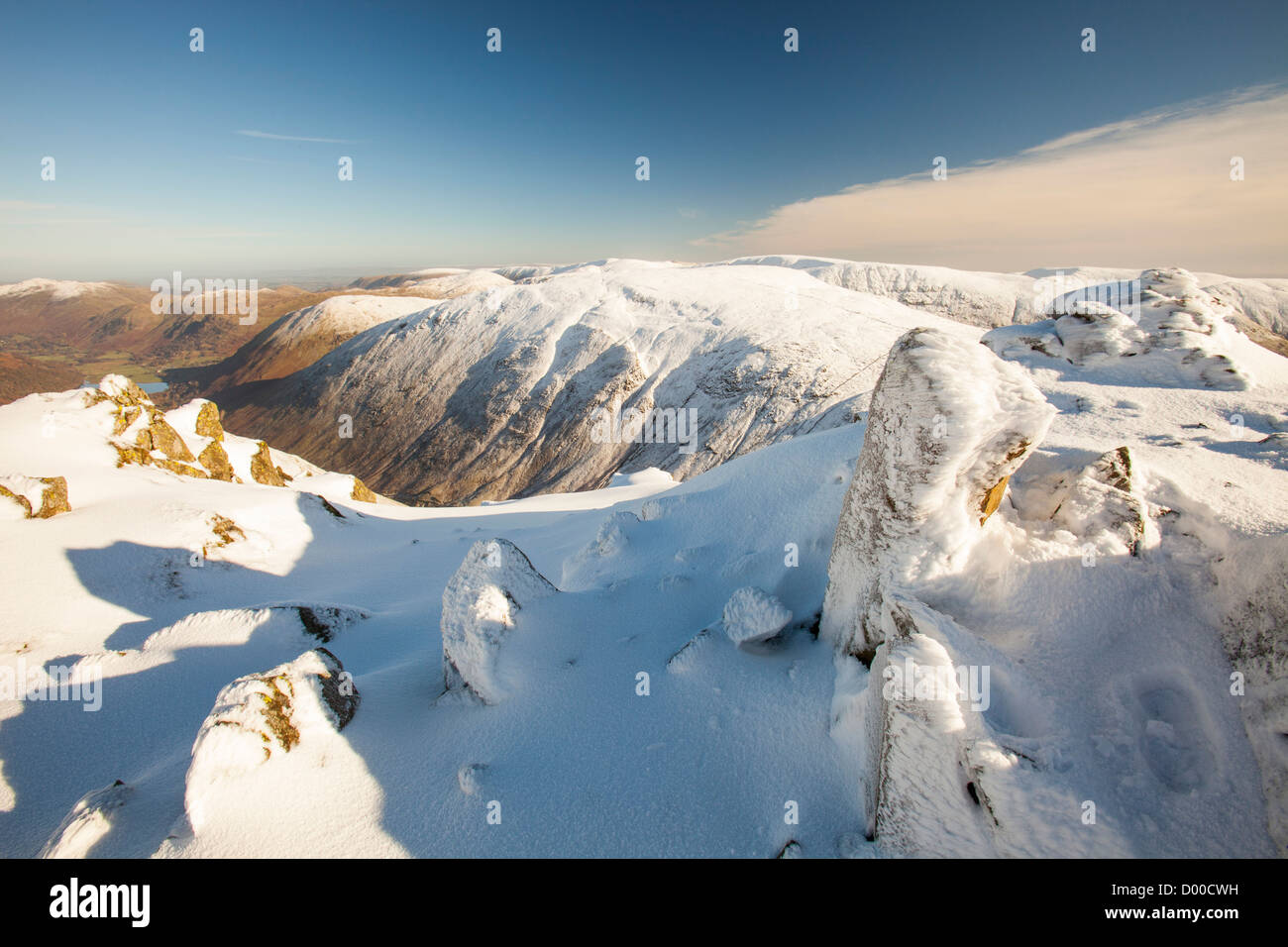 Snow on Red Screes in the Lake District,UK, looking towards Ullswater ...