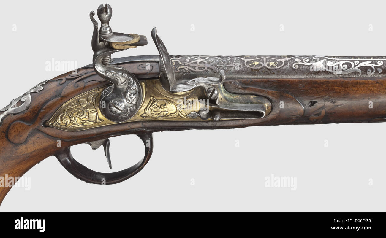 A fine pair of German flintlock pistols,circa 1780. Oriental Damascus ...