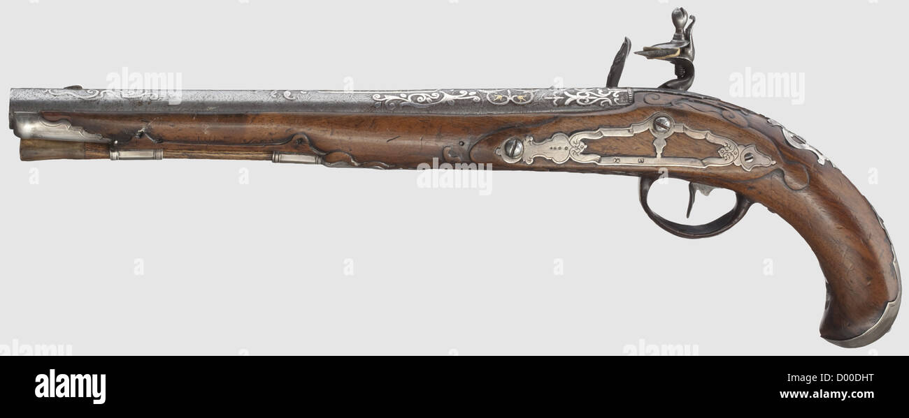 A fine pair of German flintlock pistols,circa 1780. Oriental Damascus ...