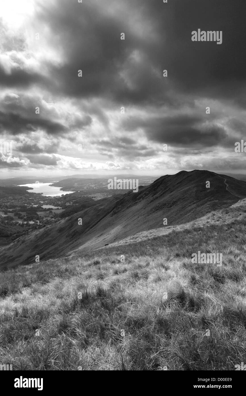 Black and White panoramic Landscape view over Nab Scar fell, Lake ...