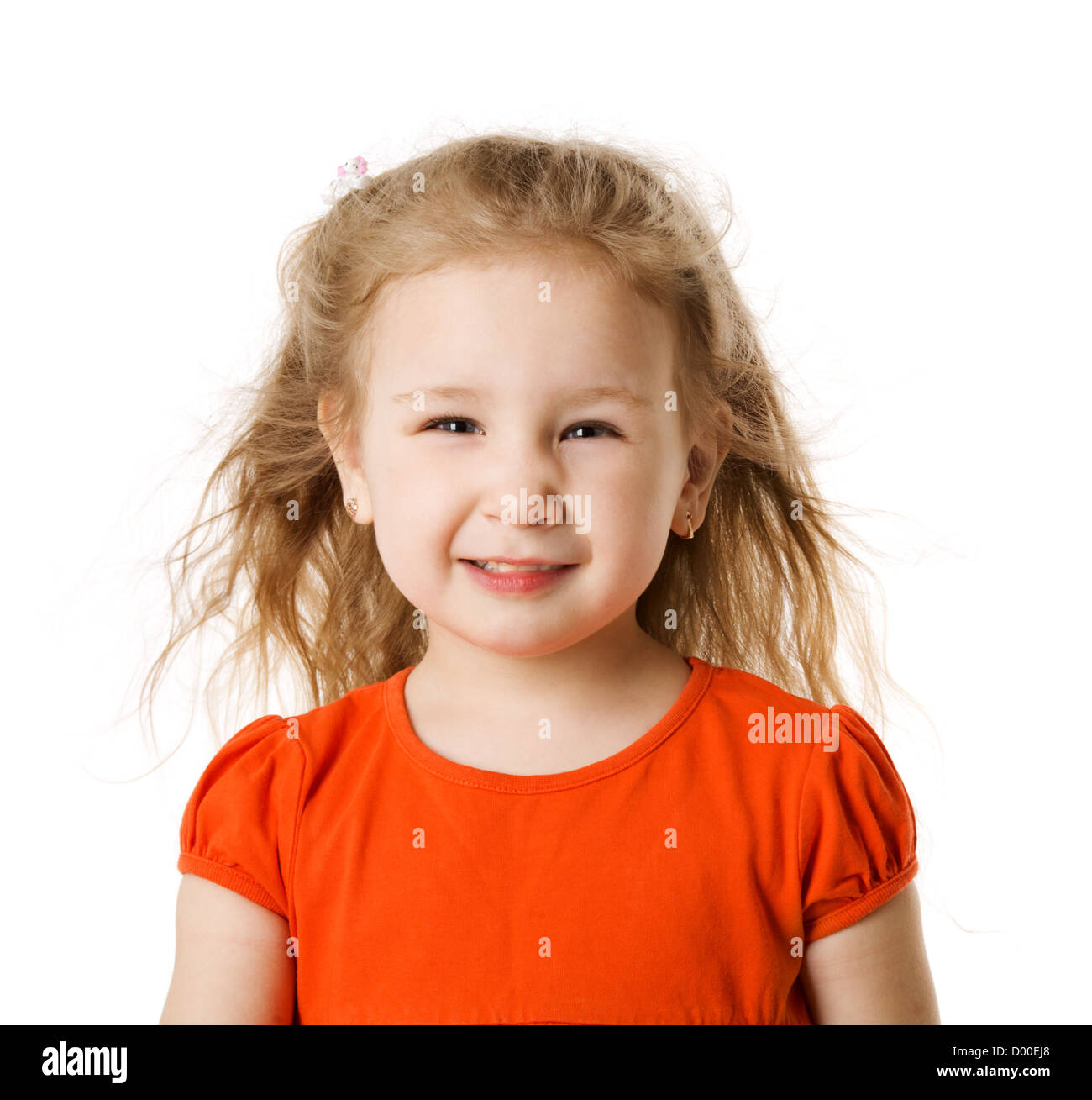 Cheerful two years girl staring up dreaming isolated on white Stock ...