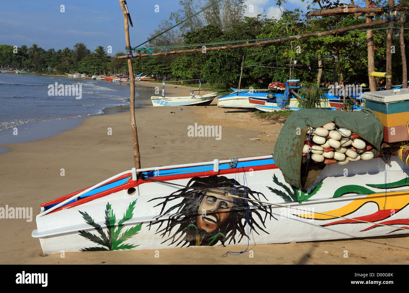 Bob Marley Rastafarian cannabis leaf painted fishing boat in Weligama ...