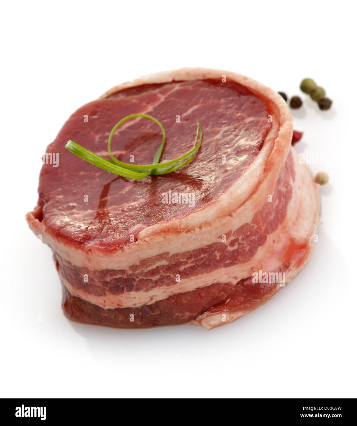 Bacon Wrapped Beef Fillet On White Background Stock Photo - Alamy
