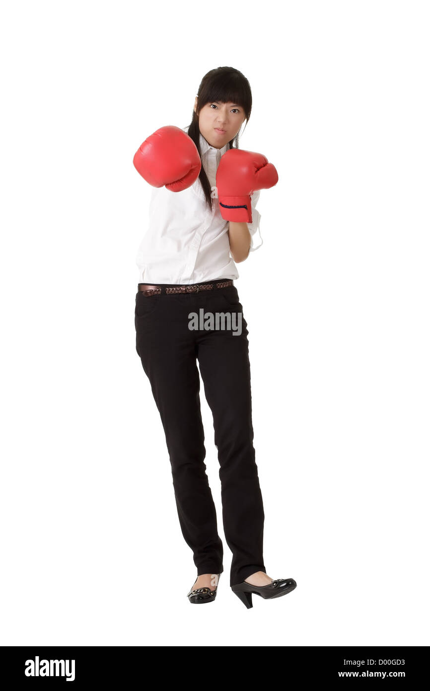 Business woman hit, full length portrait isolated over white Stock ...