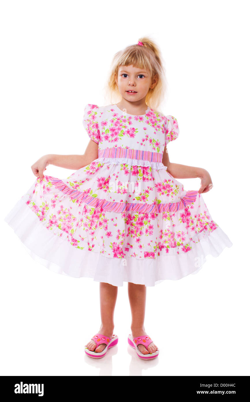 Cheerful girl wearing dress isolated on white Stock Photo - Alamy
