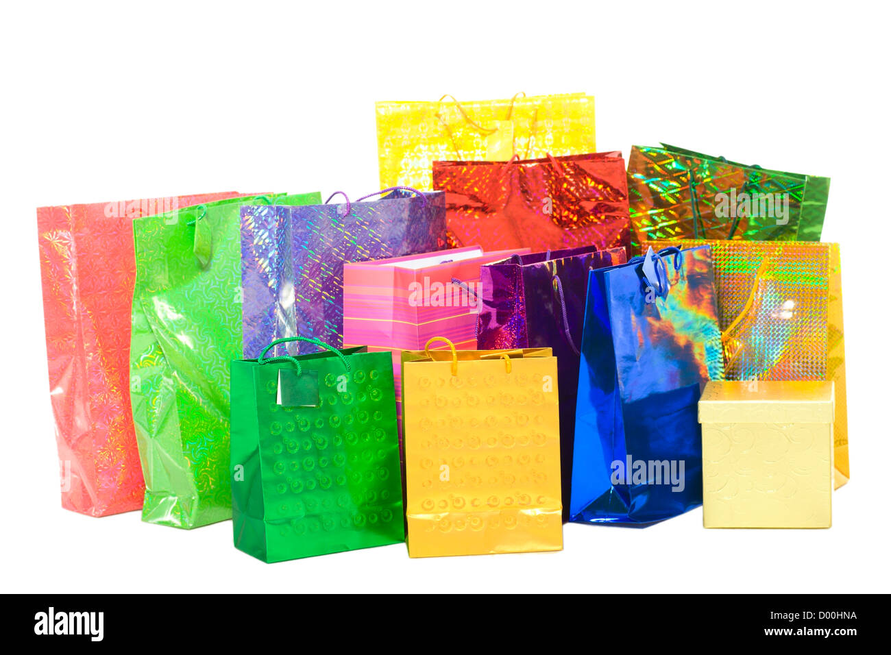 Bunch colorful paper bags for gifts isolated on white Stock Photo - Alamy