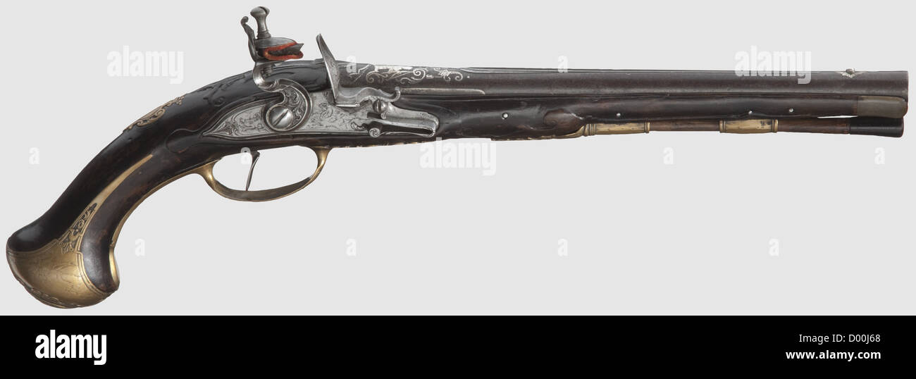 A South German flintlock pistol,circa 1730. Smooth-bore barrel in 12 mm ...