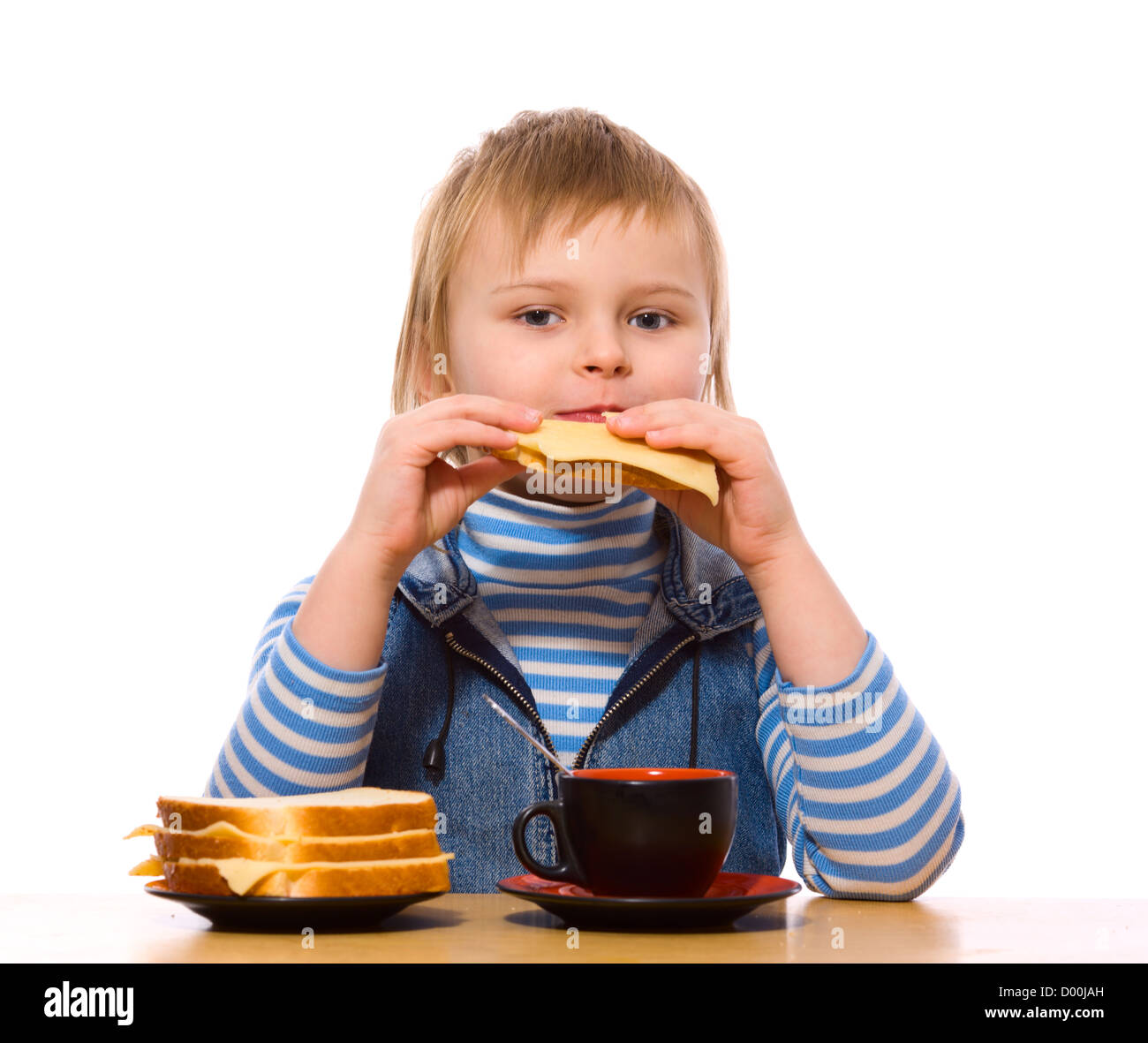Girl eating cheese sandwich isolated on white Stock Photo - Alamy