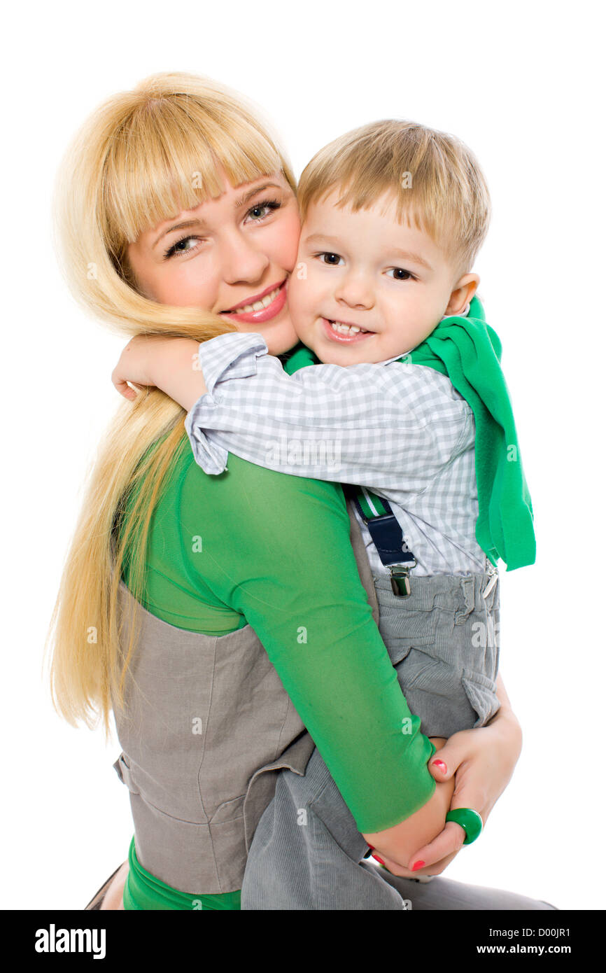 Boy hugging mom tight isolated on white Stock Photo - Alamy