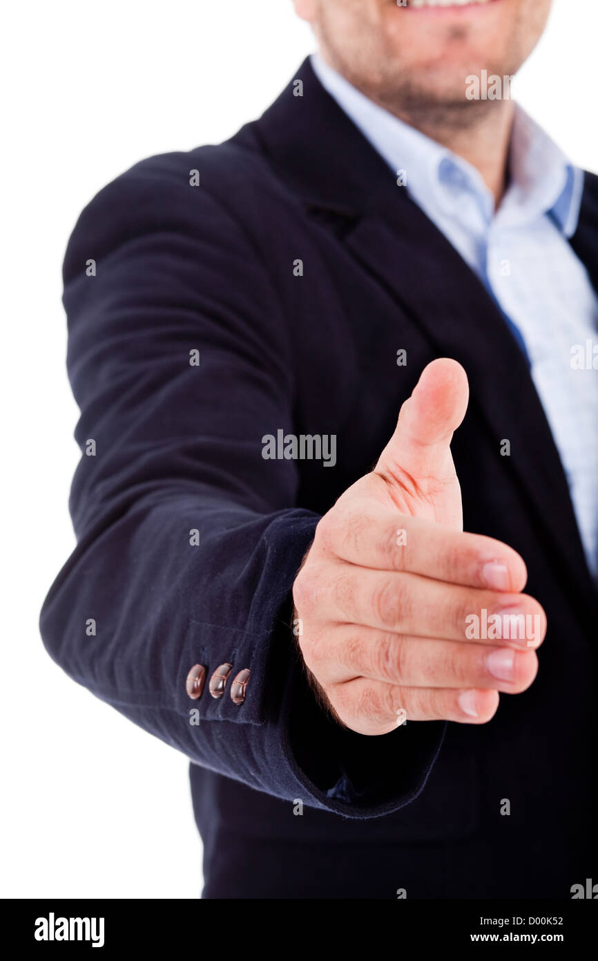 Business man welcomes you with open hand on a white background Stock ...