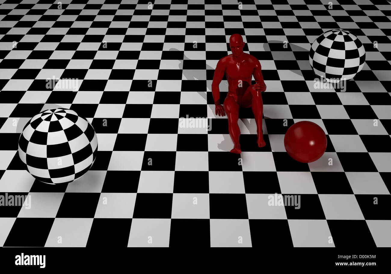 Checkered composition with man end one red ball made in 3d Stock Photo ...