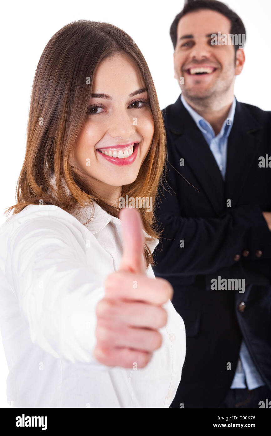 Successful business colleague women showing thumbsup on a white ...