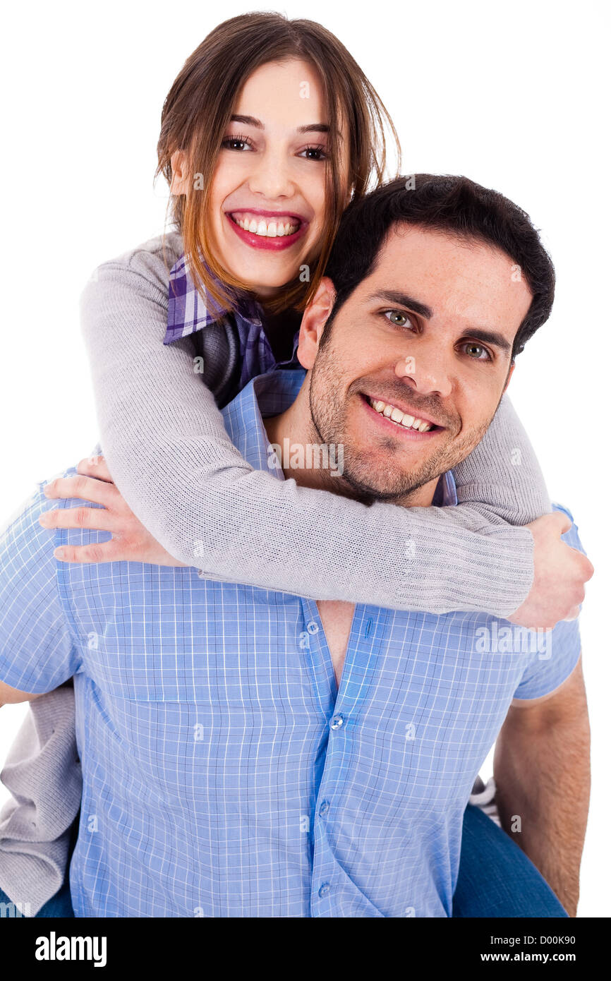 Man piggyback his girlfriend on a white background Stock Photo - Alamy