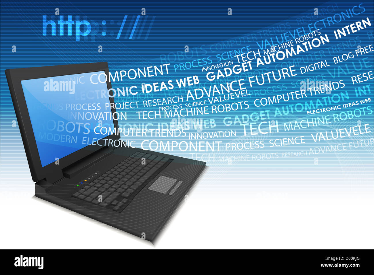 illustration of text coming out of laptop screen Stock Photo - Alamy